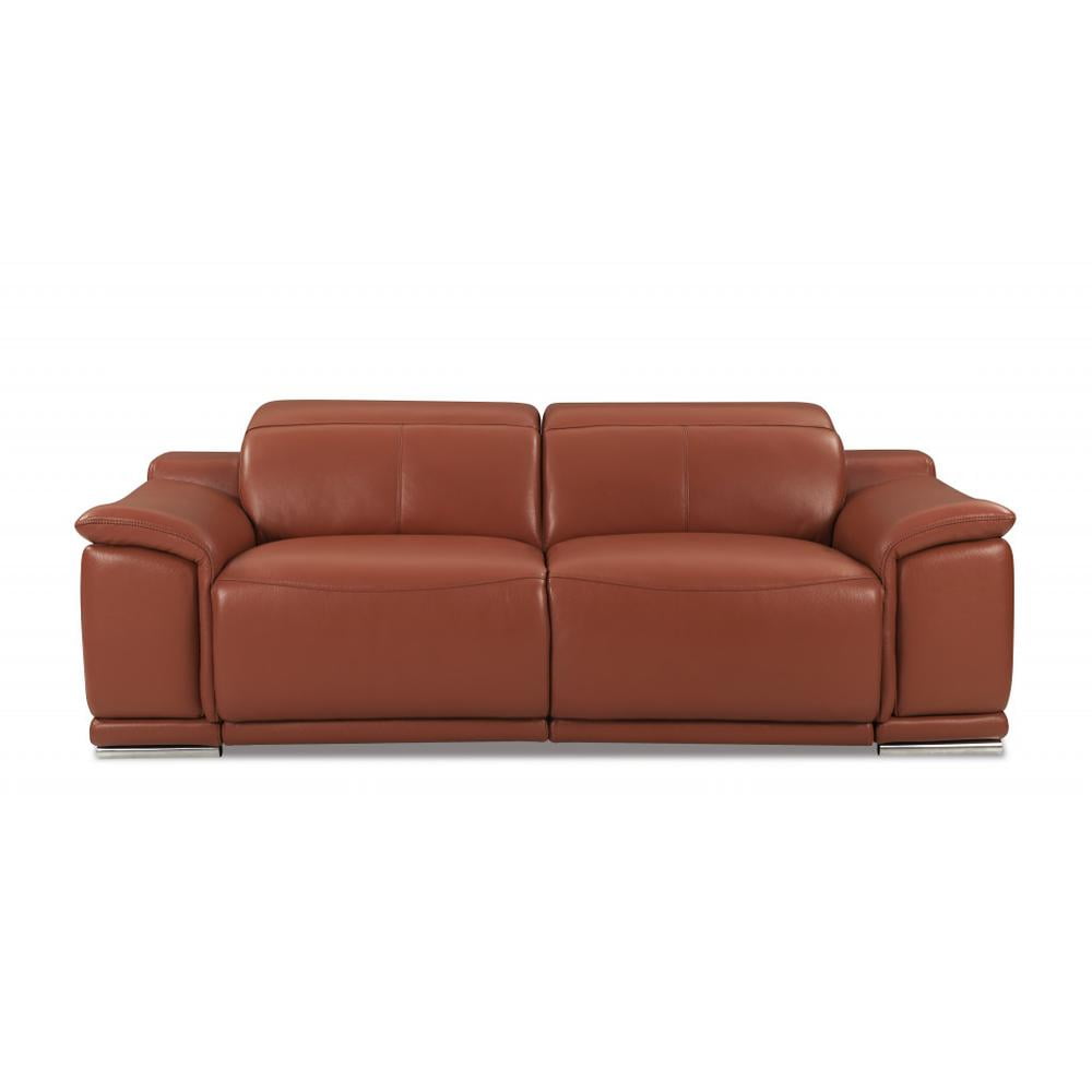 HomeRoots 86" Camel And Silver Italian Leather Reclining USB Sofa ...