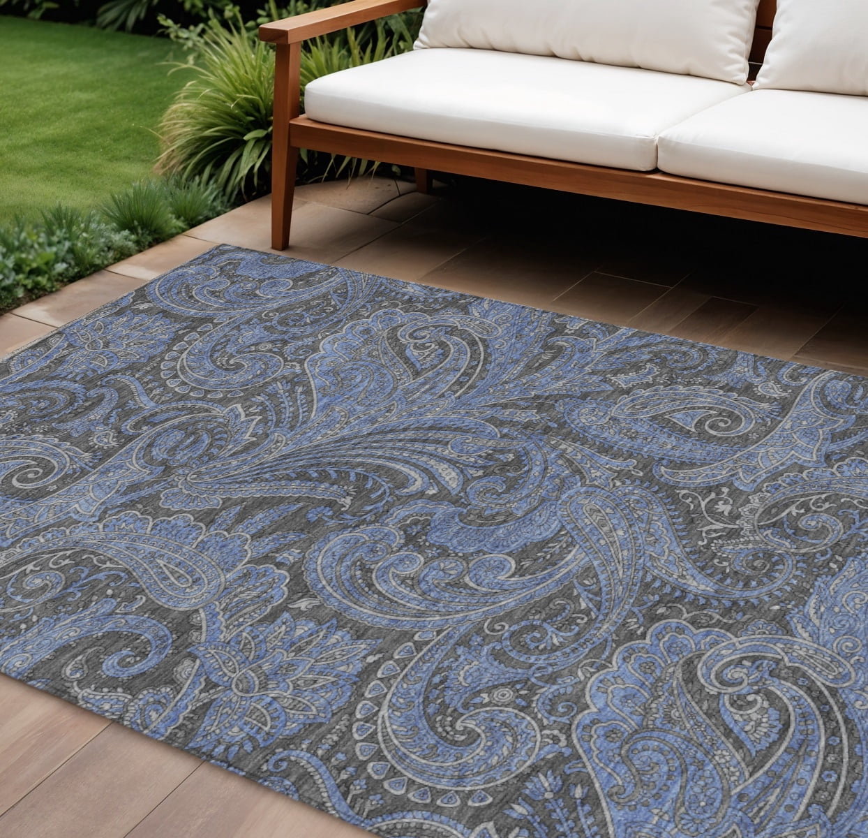 9' X 12' Charcoal Gray And Blue Paisley Washable Indoor Outdoor Area ...