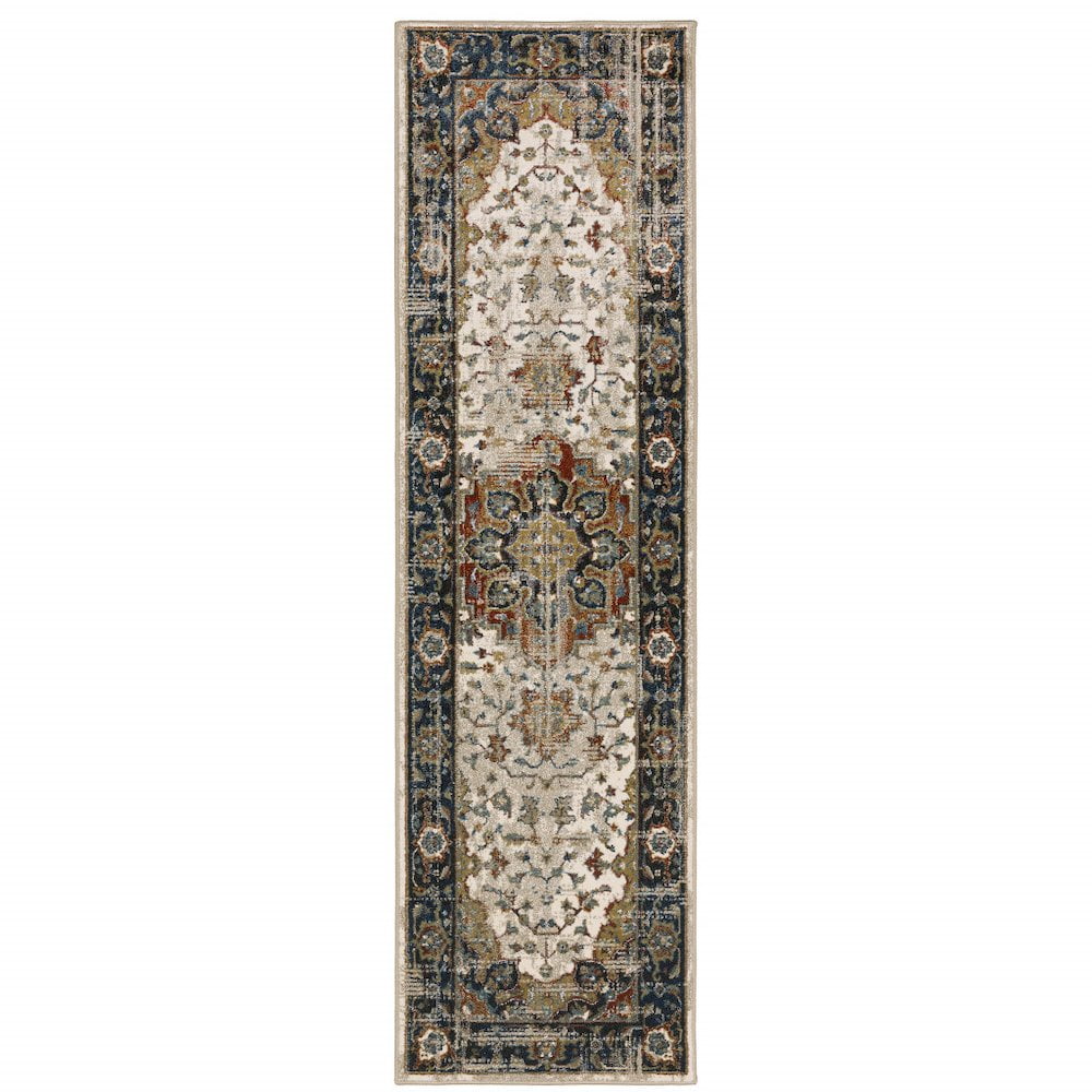 HomeRoots Beige Blue Green Rust And Grey Oriental Power Loom Stain ...