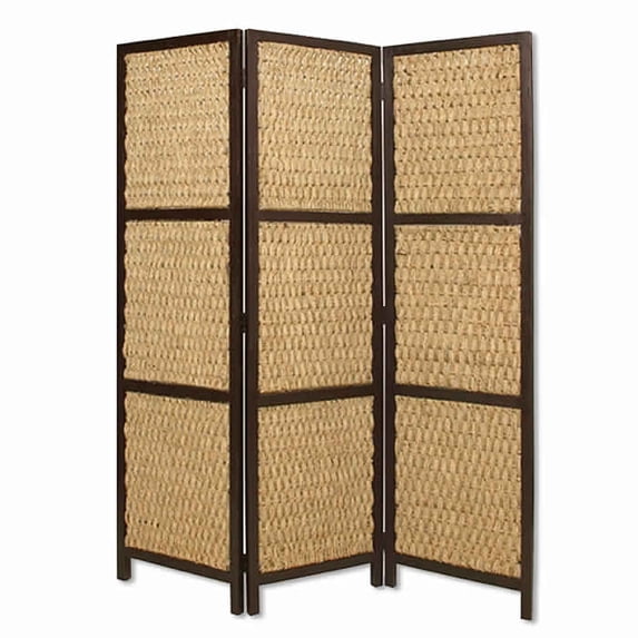3 Panel Wooden Framed Screen with Sea Grass Woven Design, Brown ...