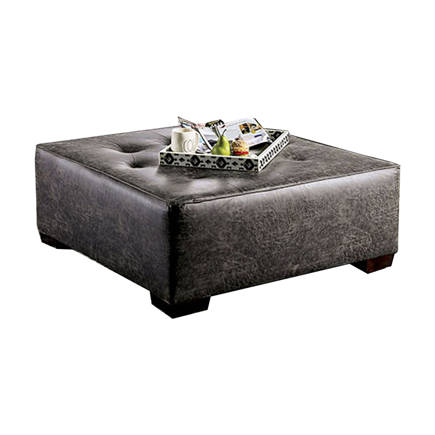 HomeRoots Decor Button Tufted Leatherette Wooden Ottoman with Block ...
