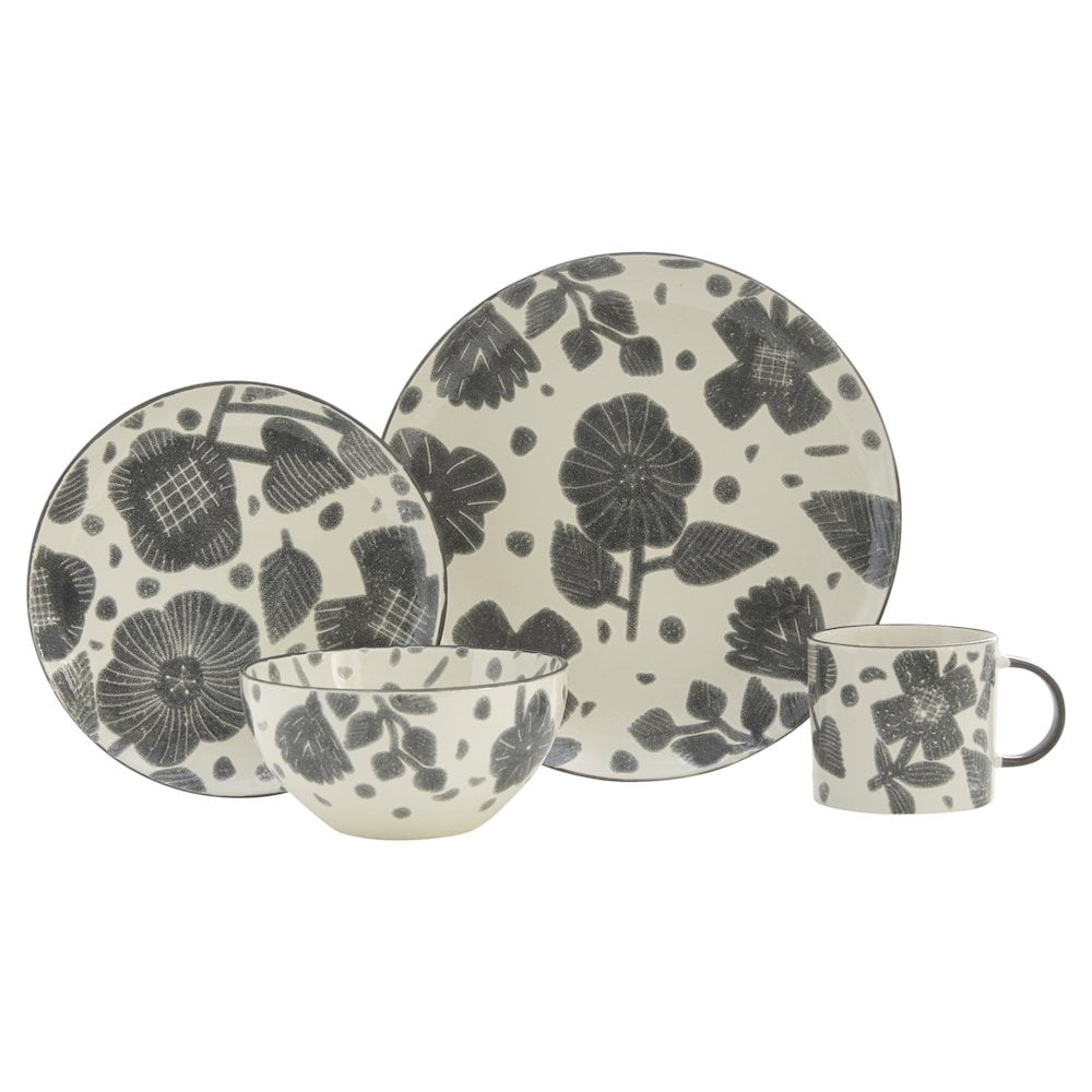 HomeRoots Gray And Sixteen Piece Round Floral Ceramic Service For Four ...