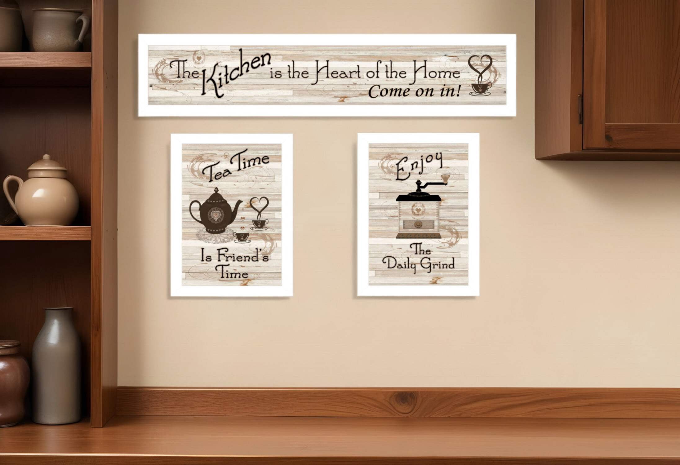 Set Of Three Kitchen Is The Heart of Home White Framed Kitchen Wall Art ...