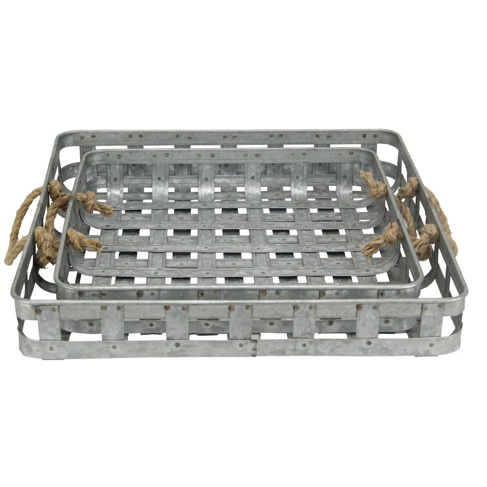 HomeRoots Set Of Two 17" Gray Rectangular Metal Handmade Trays With ...