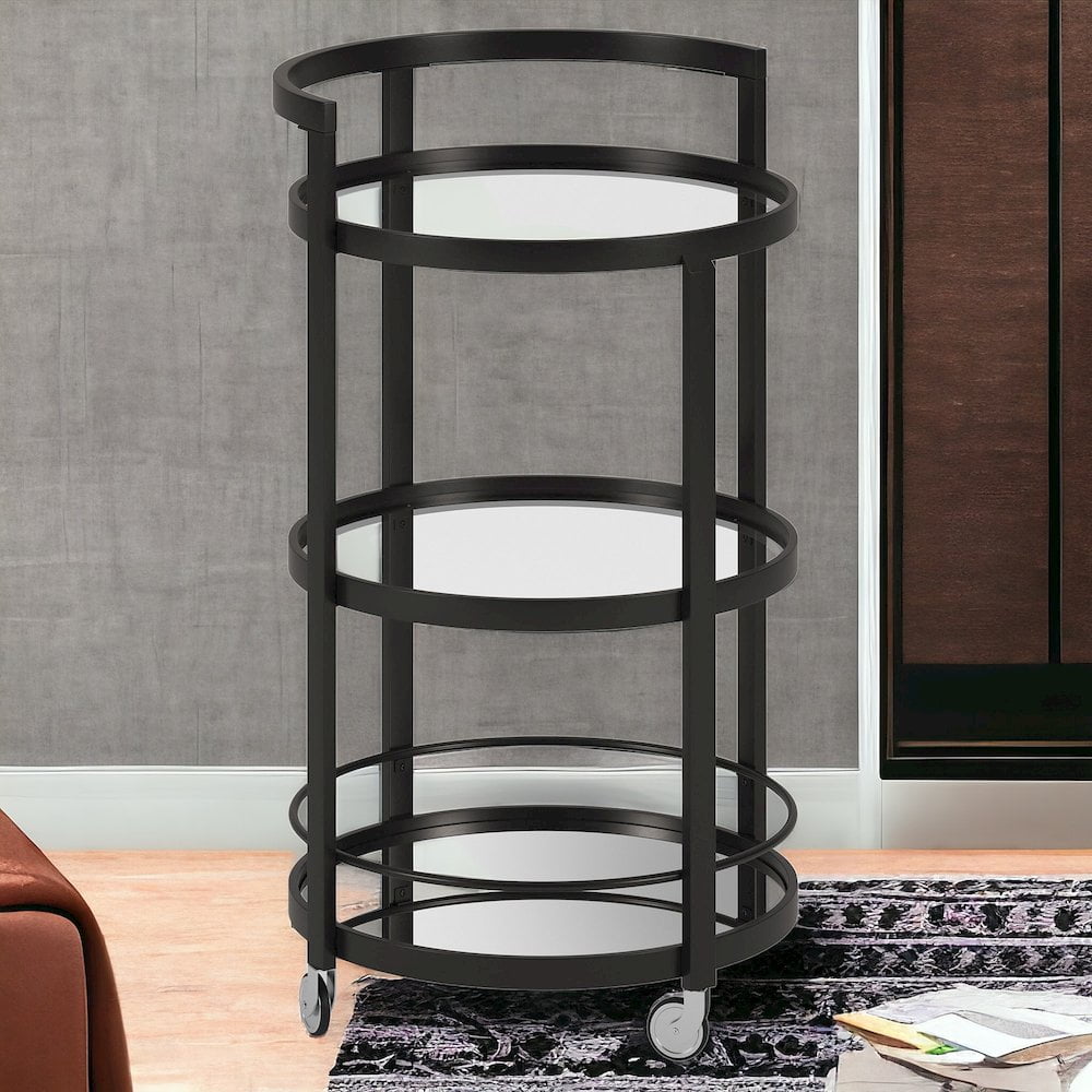 HomeRoots Black Steel And Glass Round Rolling Bar Cart - Walmart.com