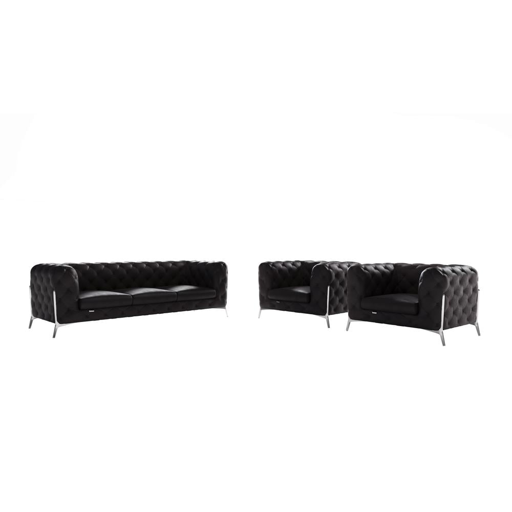 HomeRoots Three Piece Indoor Black Italian Leather Five Person Seating ...