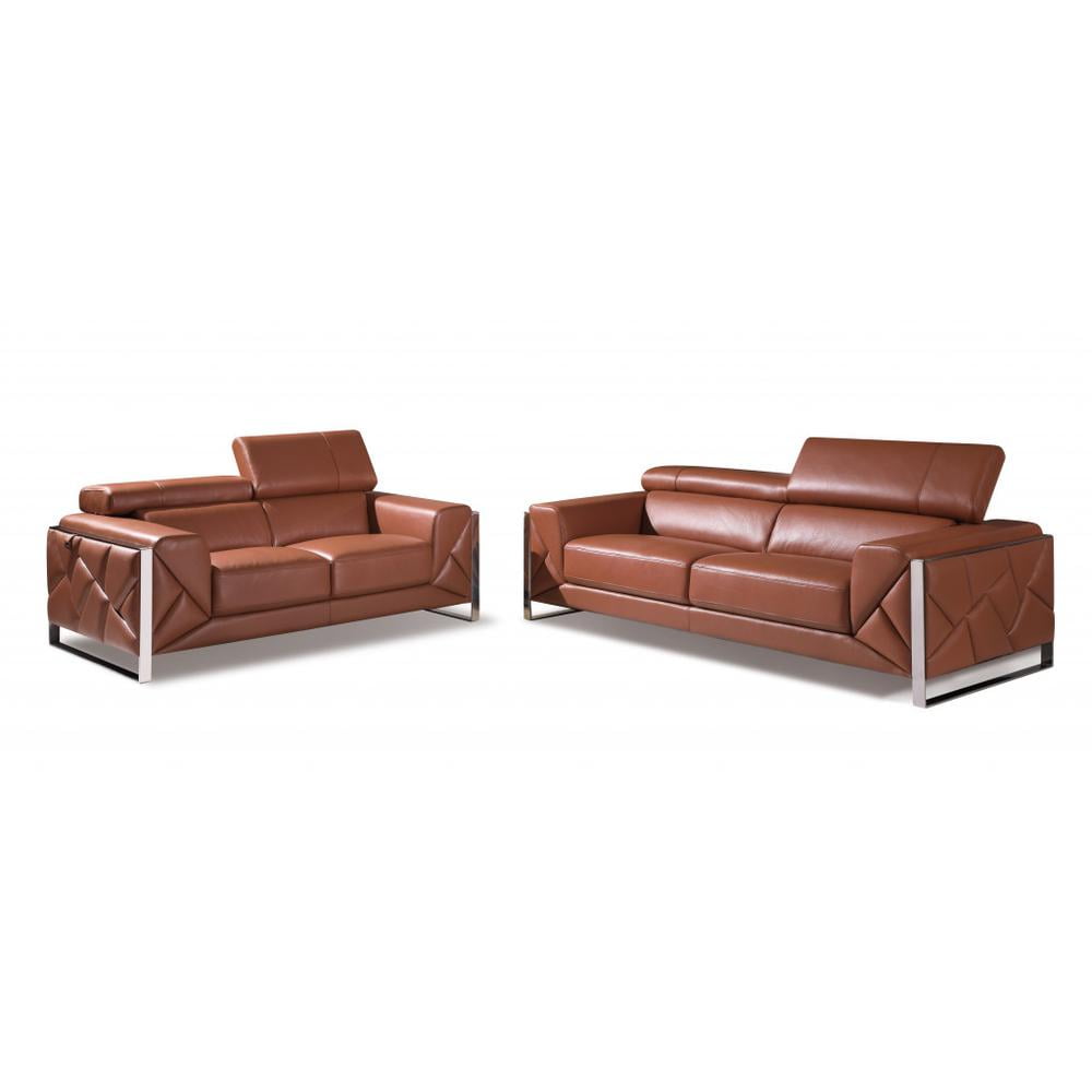 HomeRoots Two Piece Indoor Camel Italian Leather Five Person Seating ...