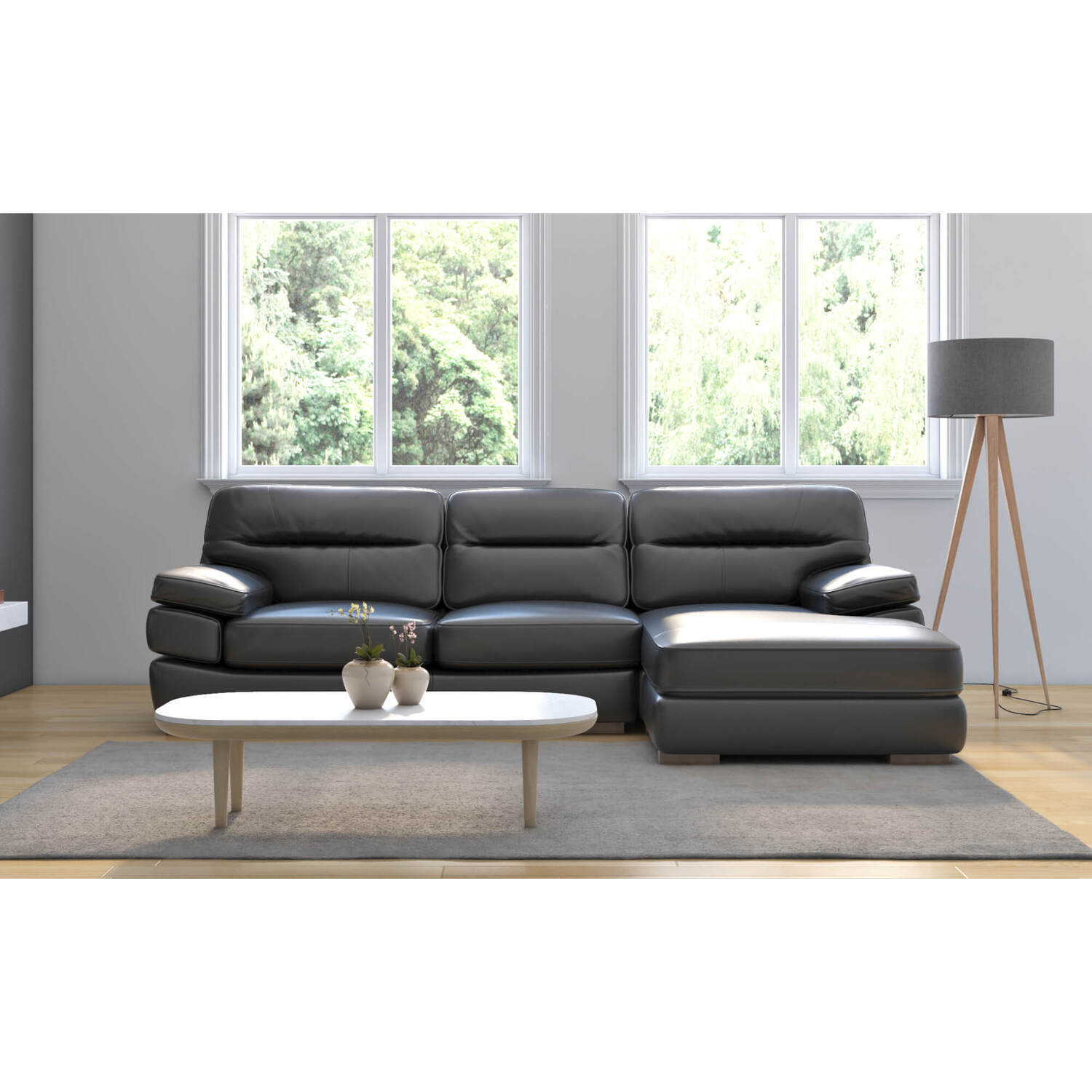 HomeStock 115" Wide Top Grain Leather Sofa With Chaise , Black Right ...