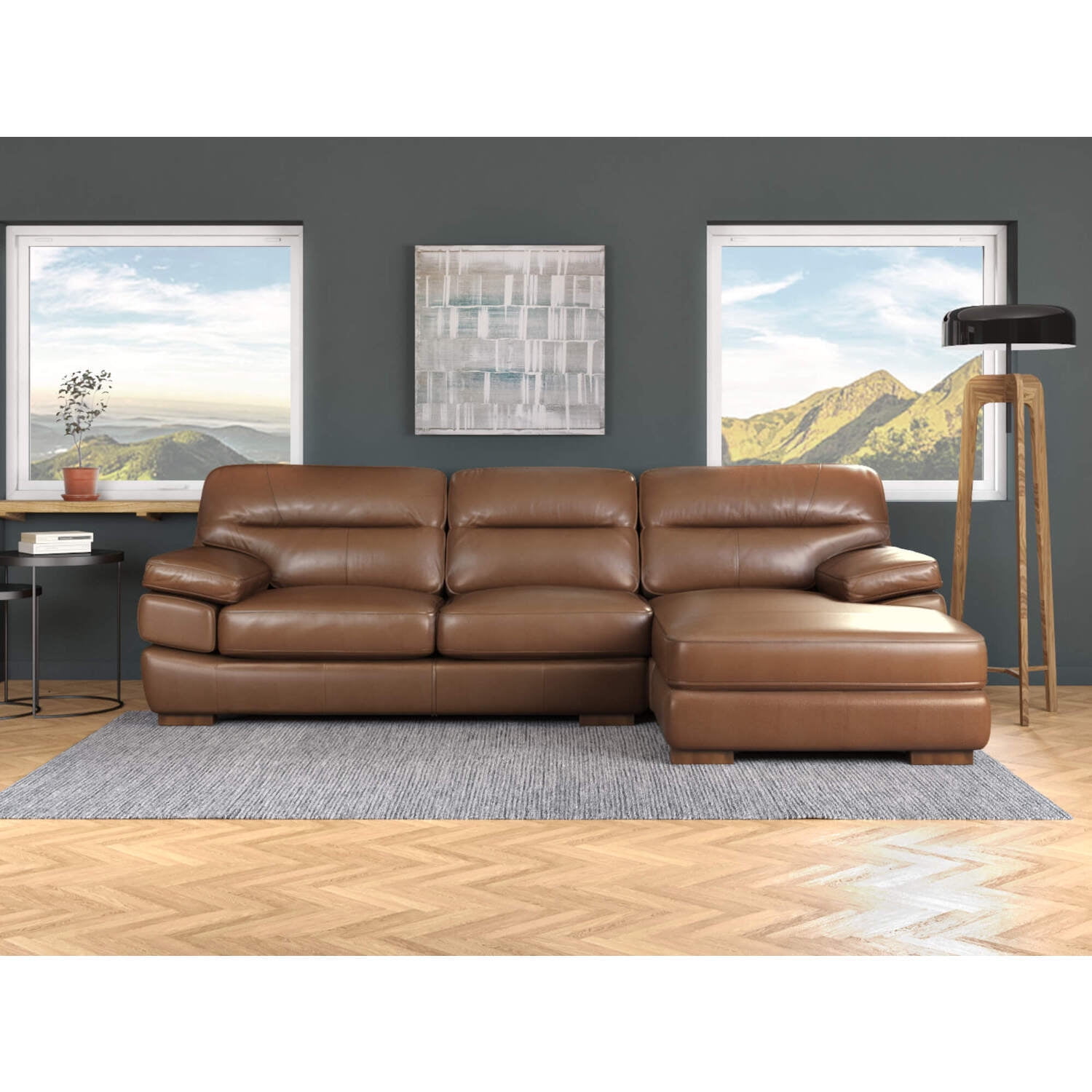HomeStock 115" Wide Top Grain Leather Sofa With Chaise , Chestnut Brown ...