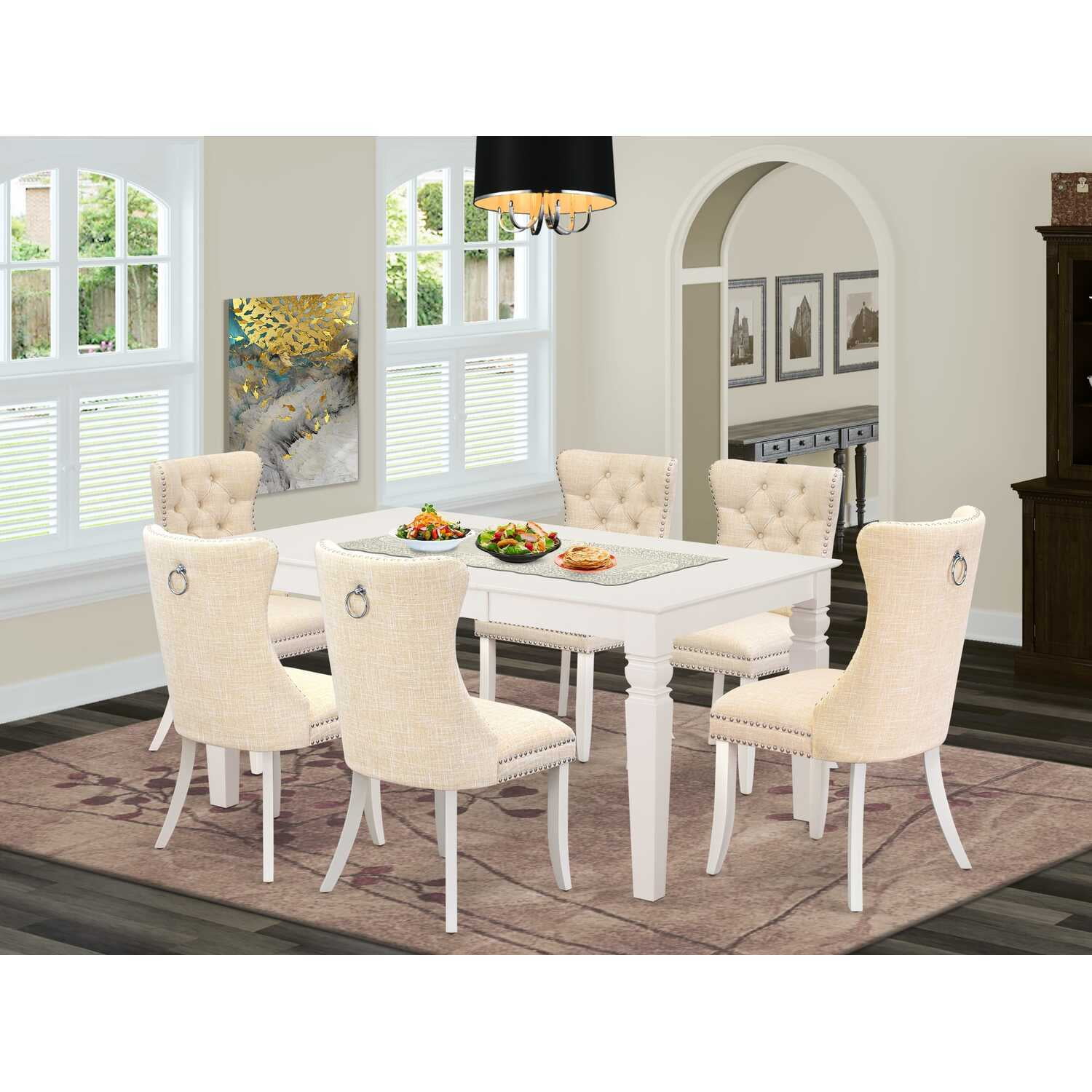 Modern 7 Piece Dining Set - Linen White Table & 6 Chairs - Farmhouse ...