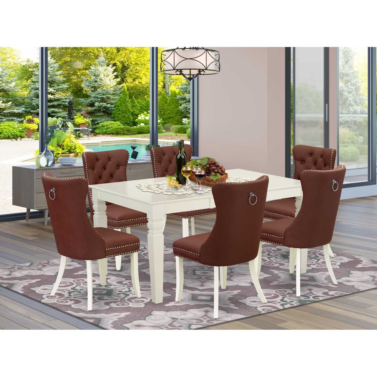 7 Piece Dining Set - Rectangle Table with Leaf & 6 Burgundy Chairs ...