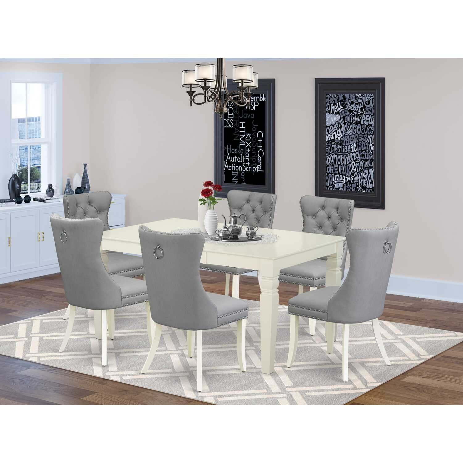 Modern 7 Piece Kitchen Dining Set - White Table & 6 Gray Chairs ...