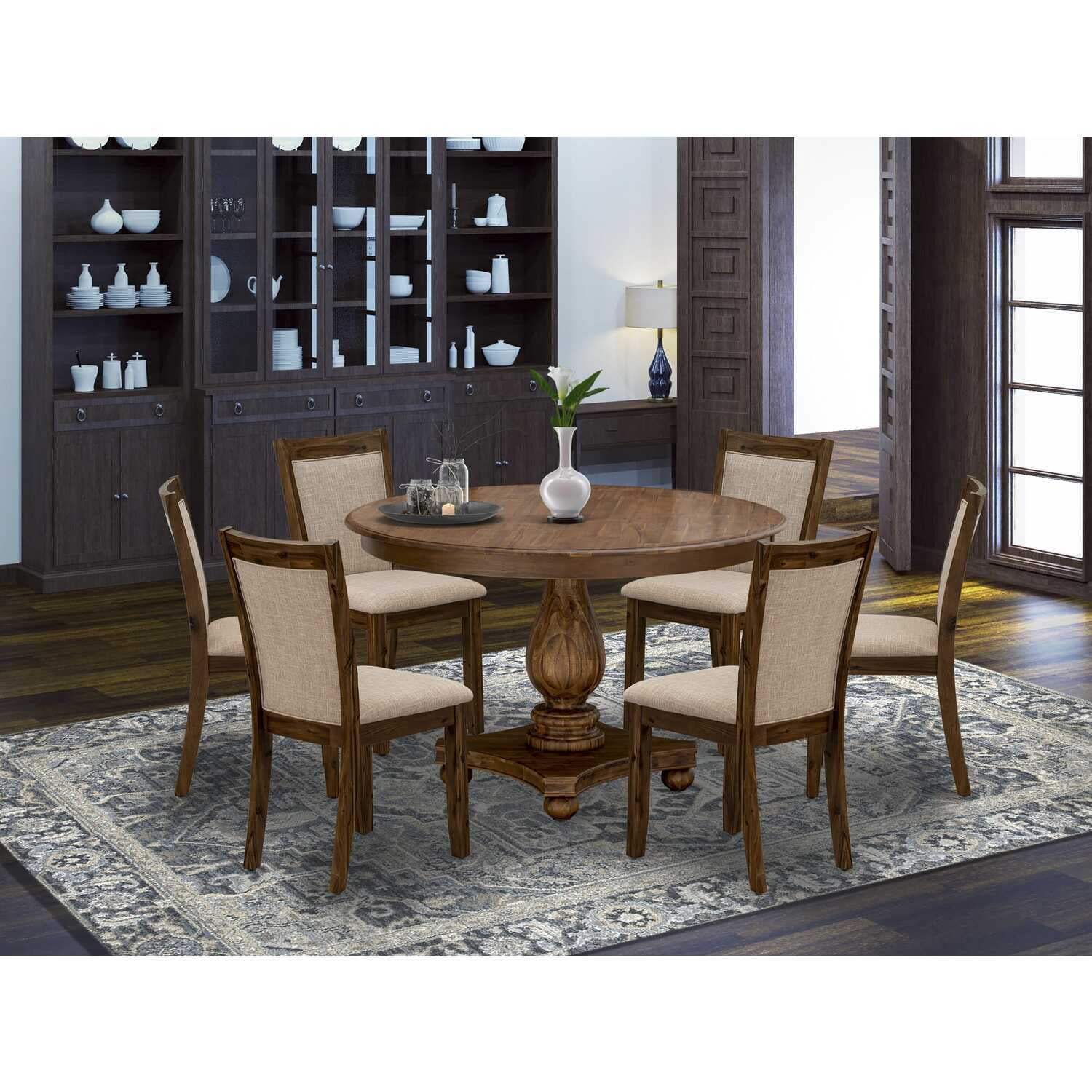 Modern 7 Piece Dining Set - Round Pedestal Table & 6 Light Tan Chairs ...