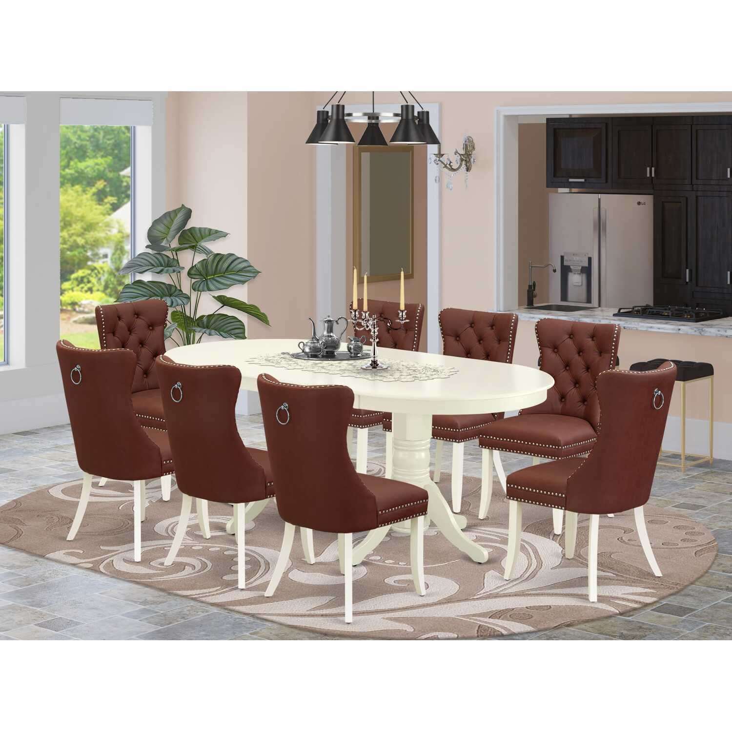 Oval Dining Set with 8 Chairs - Linen White Kitchen Table Set - Modern ...