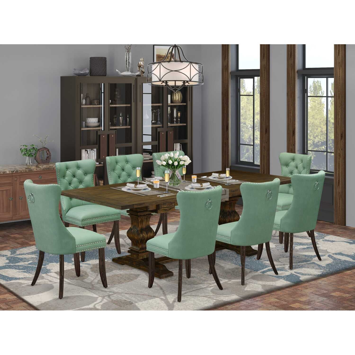 9 Piece Dining Set - Rectangle Table with Leaf & 8 Kitchen Chairs ...