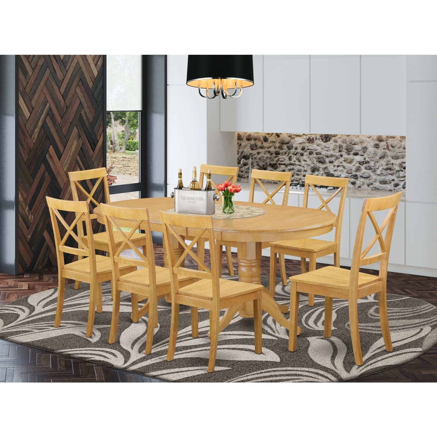 Rustic Dining Table Set - 9 Piece Oak Finish Table & Chairs - Kitchen ...