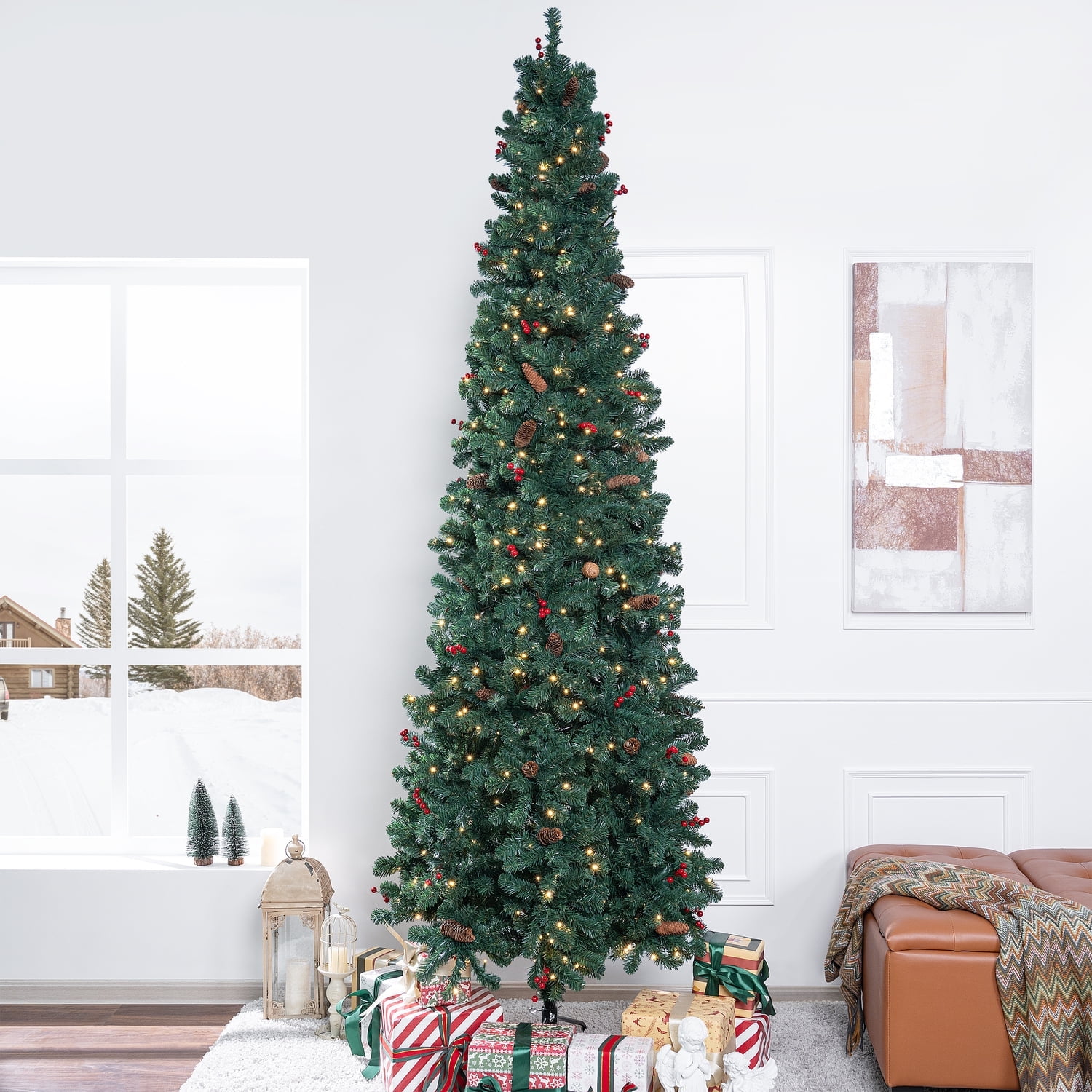 Belen Pencil Christmas Tree Prelit pre-decorated with Pine Cones, Red ...