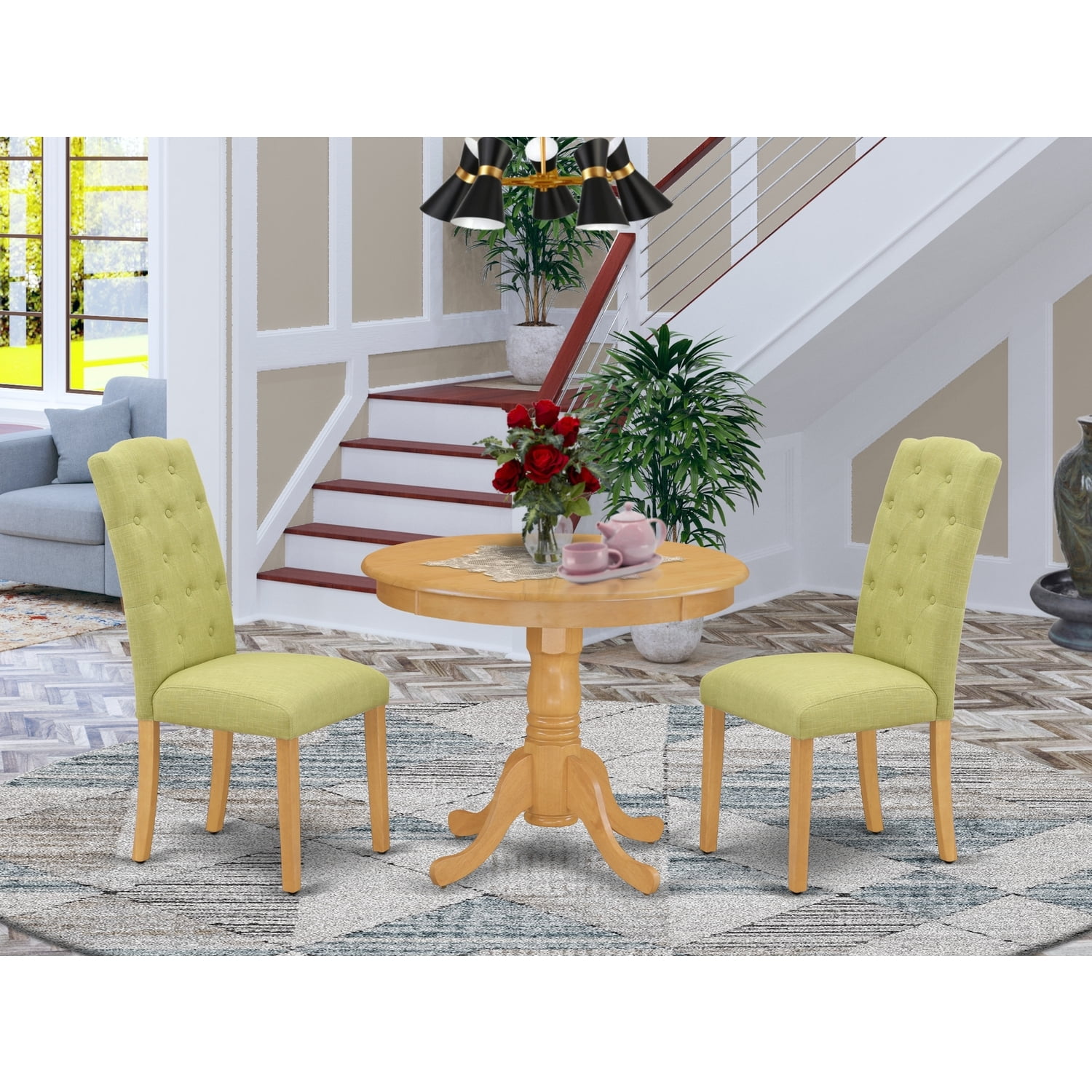 Small Round Kitchen Dinette Set - 3Pc Table & Chair Set - Oak & Lime ...