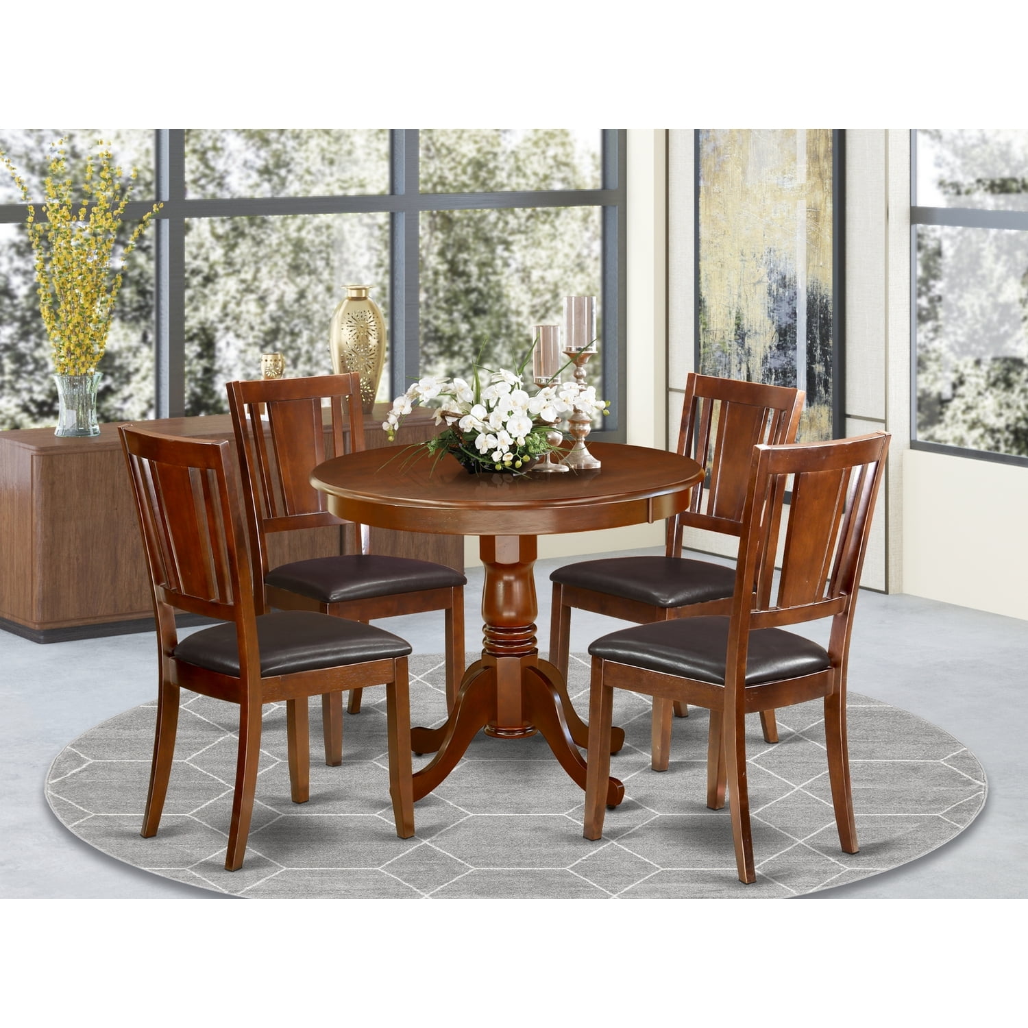 Homestock African Artifacts 5-Piece Rounded 36-Inch Dining Room Table Set With Four Faux Leather ...