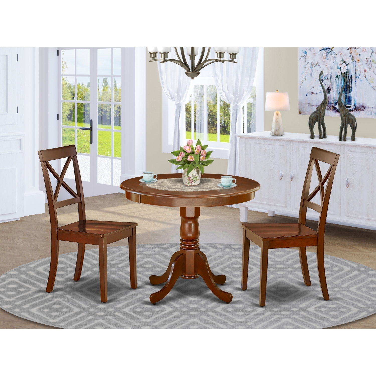 HomeStock Antique 3Pc Round 36 Inch Dining Table And A Pair Of Wood ...
