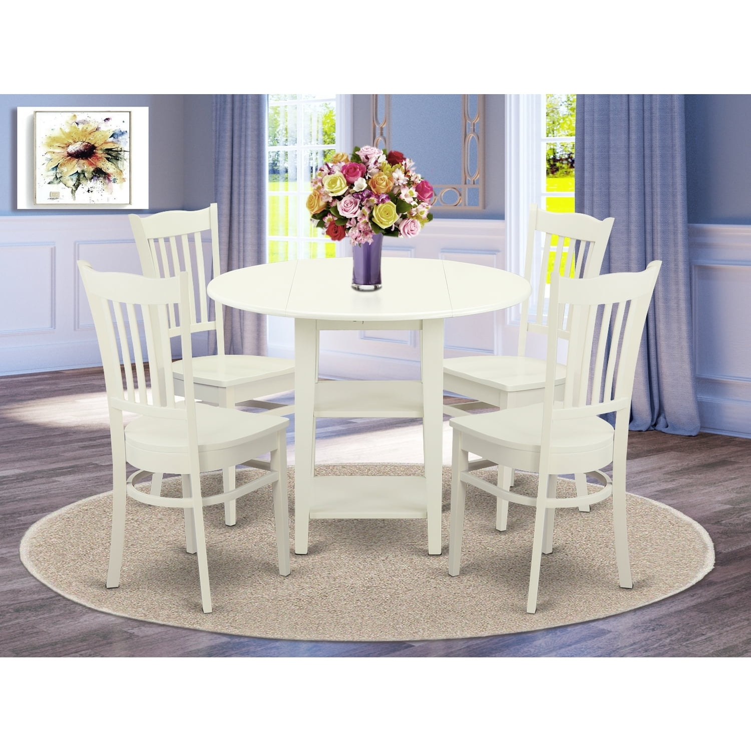 5 Piece Dining Set - Round Table & 4 Chairs - Linen White Finish ...