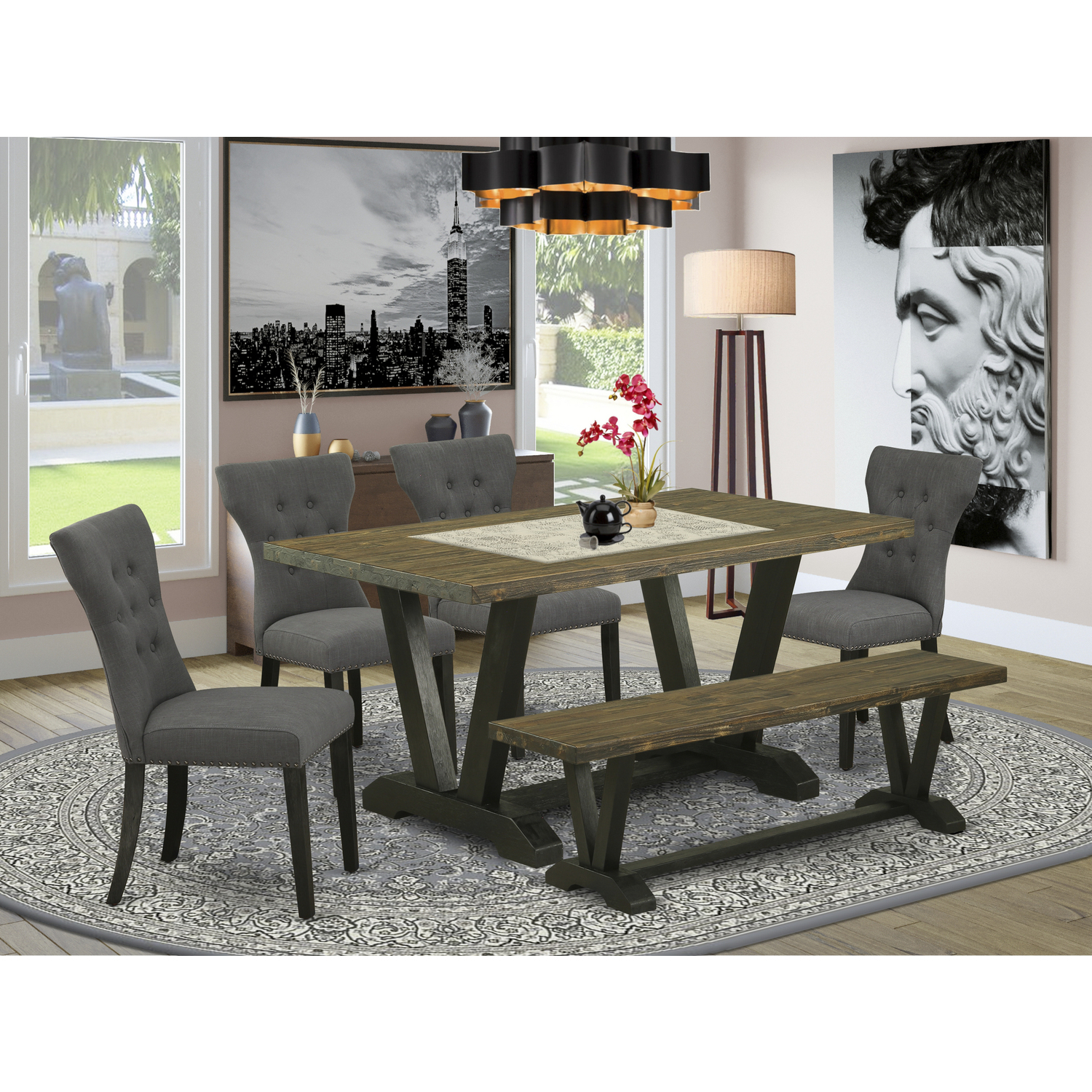 HomeStock Antique 6-Pc Dining Set-Dark Gotham Grey Linen Fabric Seat ...
