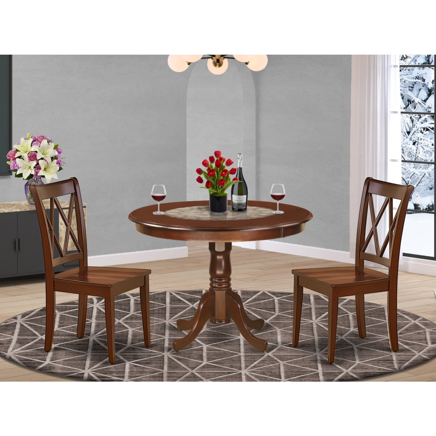Antique Round Dining Set - 42 Inch Table with 2 Double X Back Chairs ...