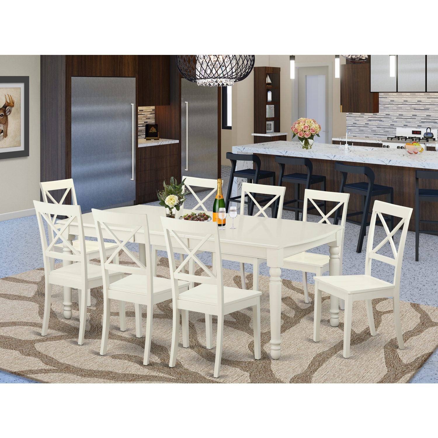 Modern Dining Table Set - 9Pc Table & Chairs - Linen White Finish ...