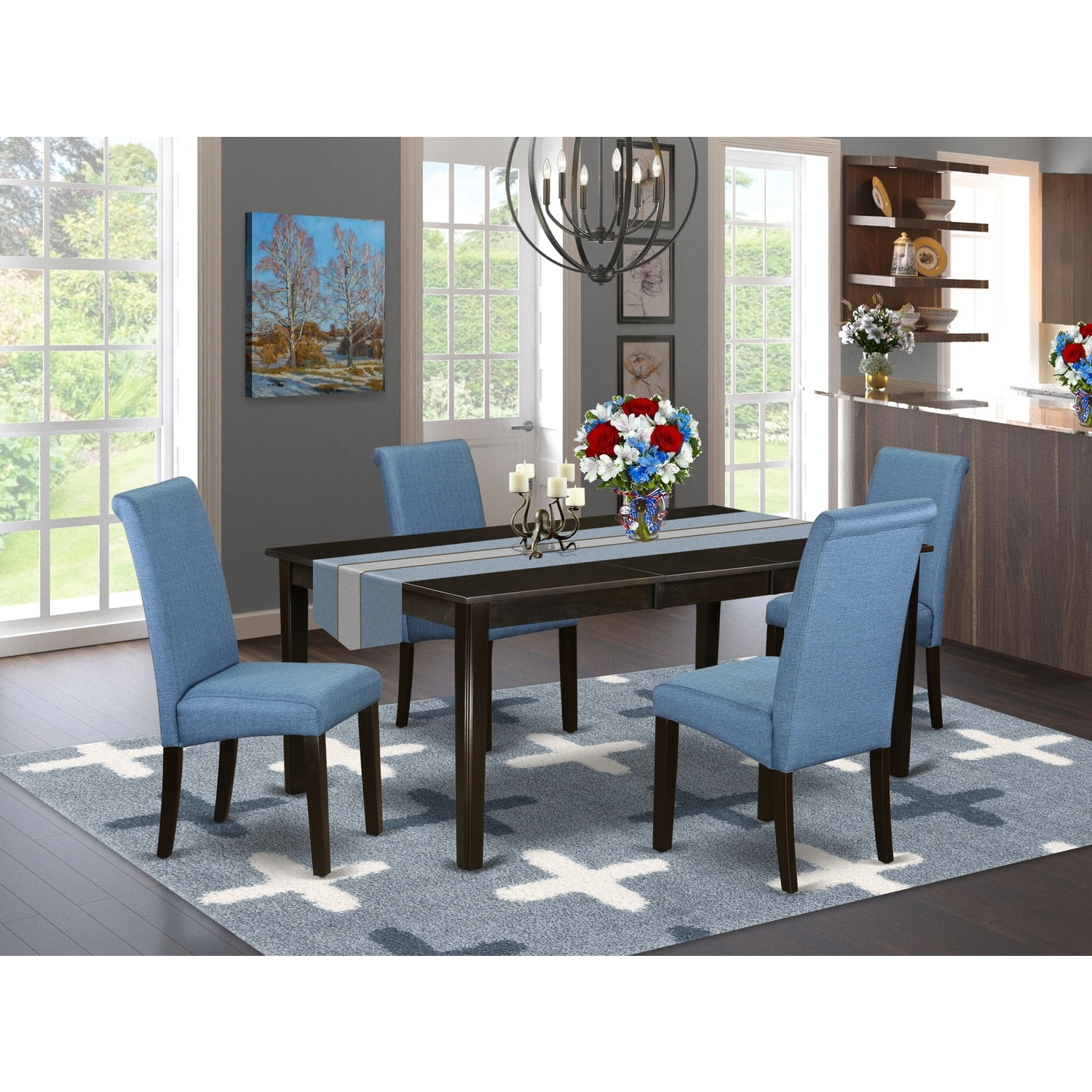 HomeStock Antique Ambiance 5Pc Dining Table With Linen Blue Fabric ...