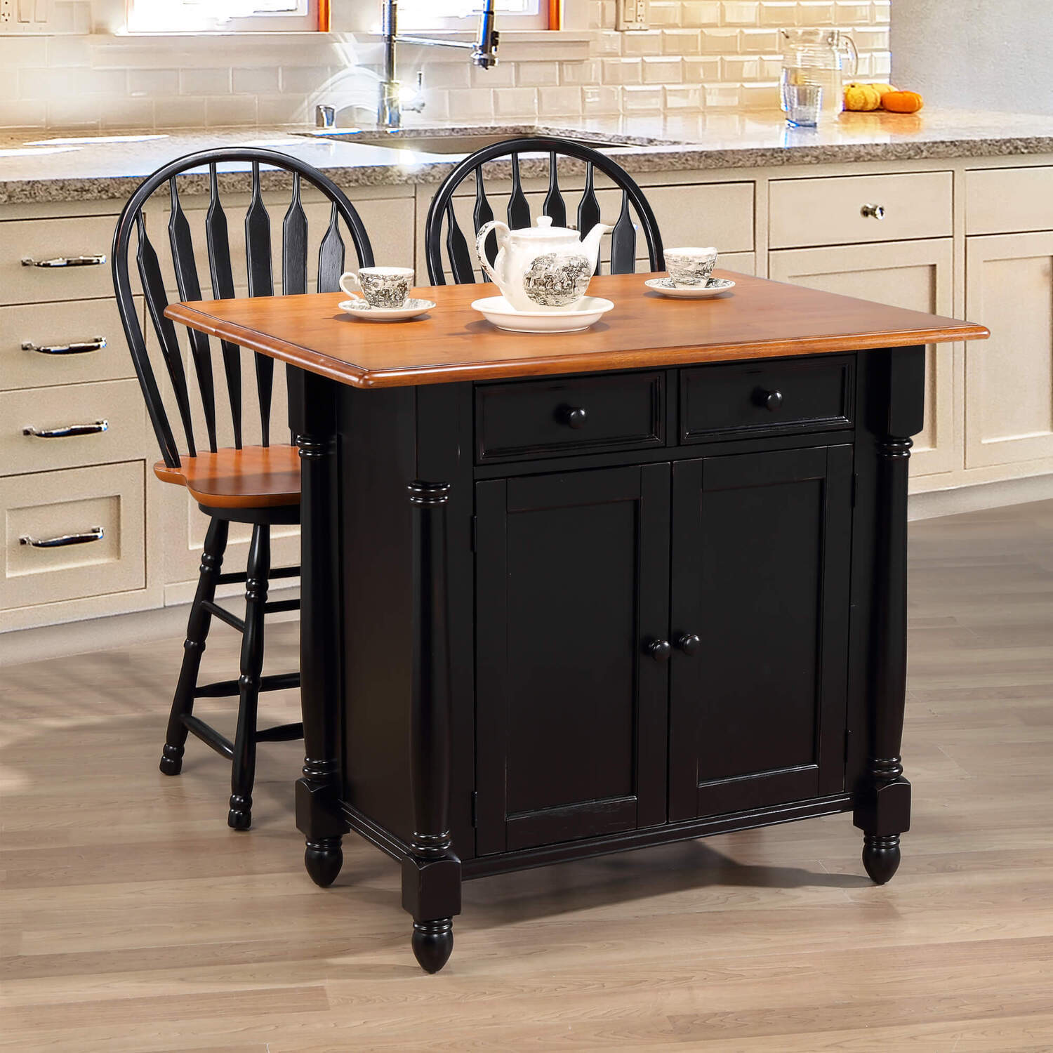 HomeStock Antique Black Expandable Kitchen island With 2 Swivel Stools ...