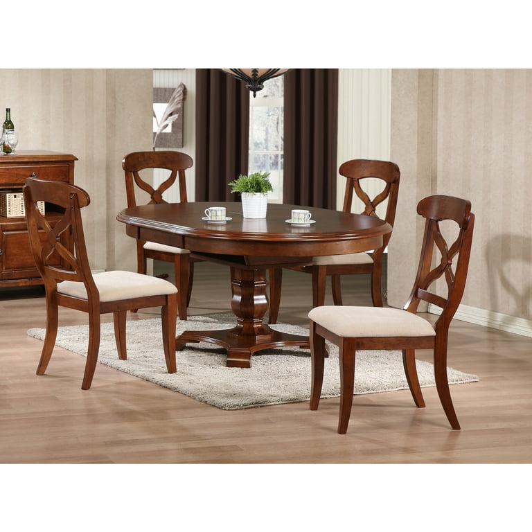 HomeStock Art Deco Dreams 5 Piece 48 Round Or 66 Oval Extendable Dining Set Butterfly Leaf Table Chestnut Brown Seats 6