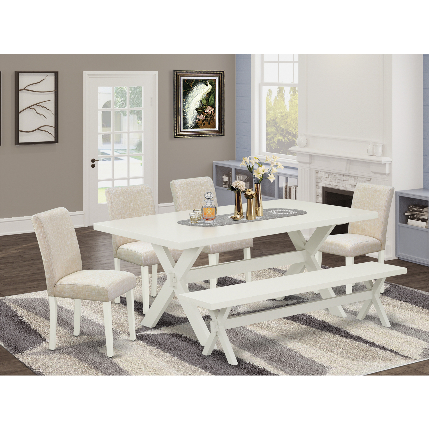 HomeStock Art Deco Dreams 6-Pc Dining Set-Light Beige Linen Fabric Seat ...
