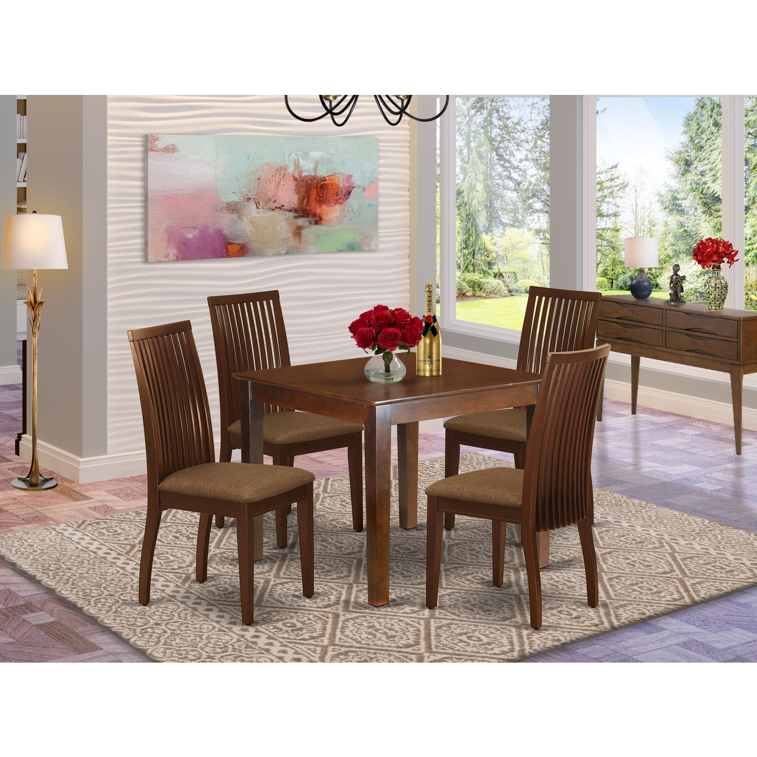 5-Piece Dinette Set - Square Table & 4 Chairs - Mahogany Finish ...