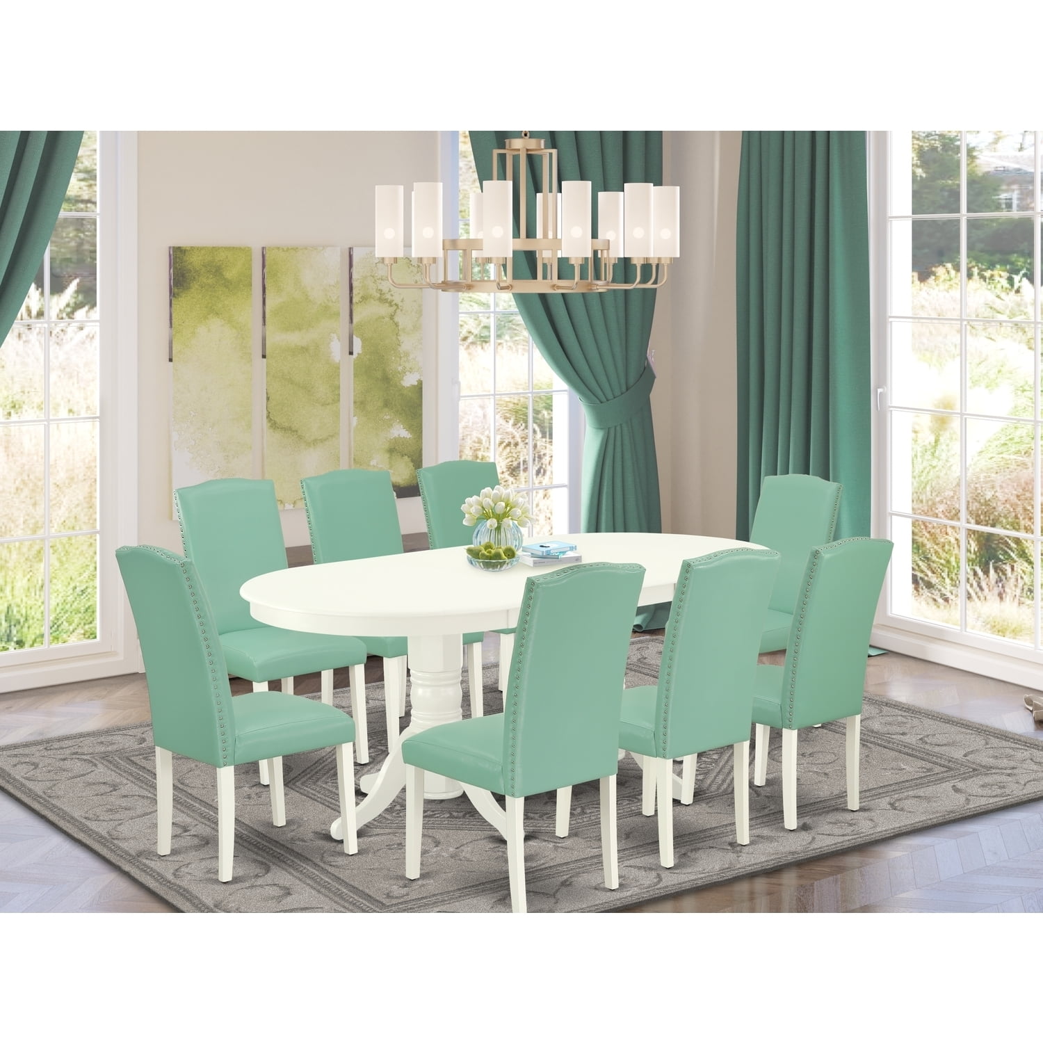Dining Room Set 9 Piece Oval Table & 8 Chairs Linen White Parson Set ...