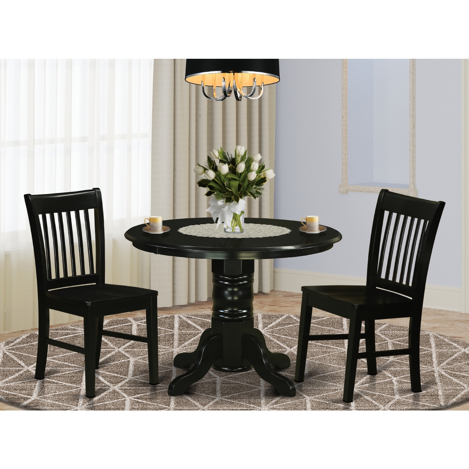 Round Dining Set for 4 - Asian Style Table & Chairs, 42" Black Wood ...