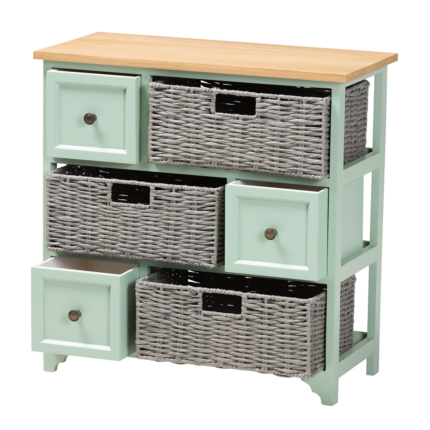 3-Drawer Wood Storage Unit - Oak Brown & Mint Green Baskets - Home ...
