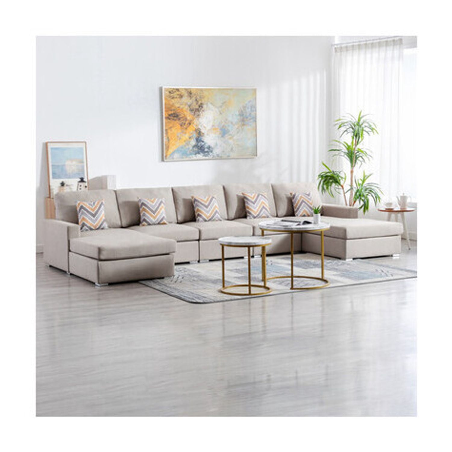 HomeStock Asian Fusion Linen 5-Piece Sectional Sofa with Double Chaise ...