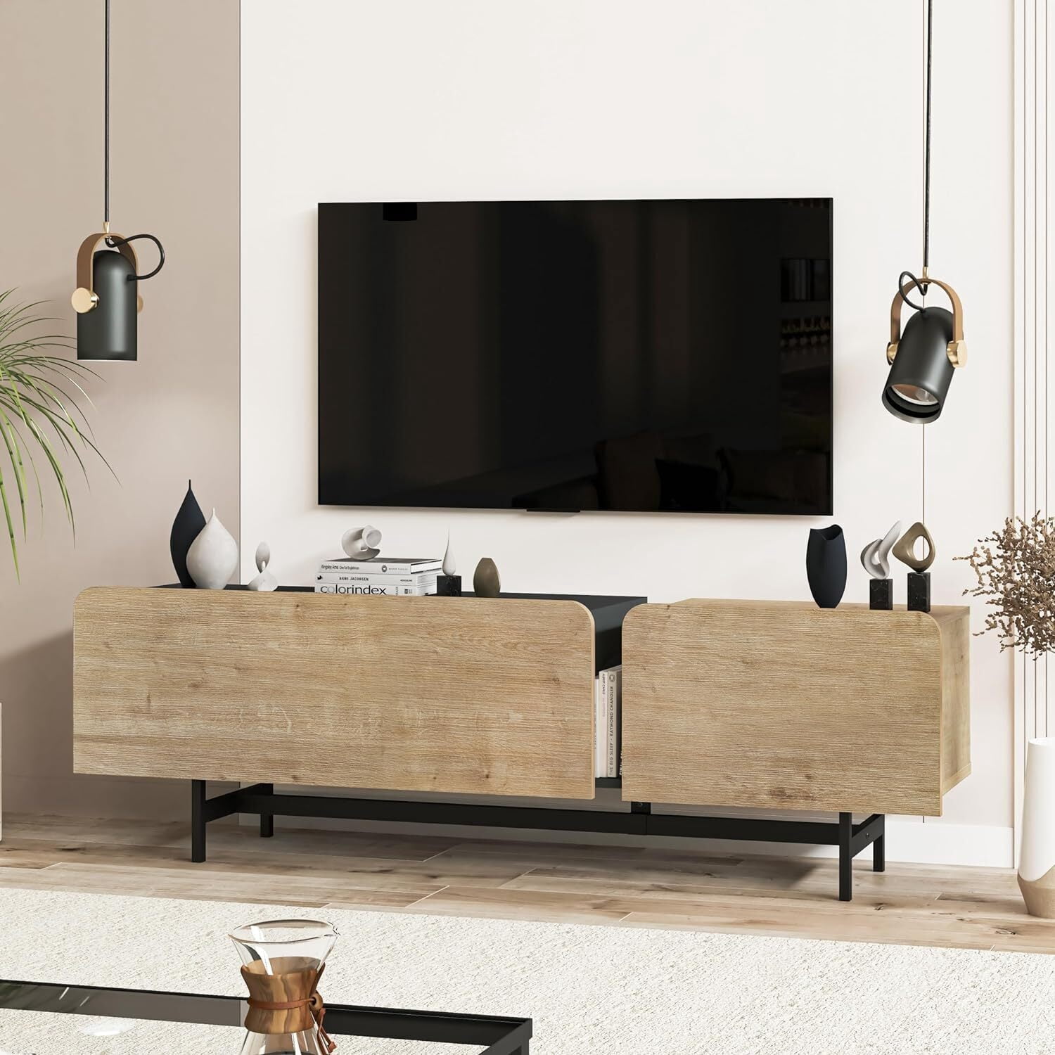 HomeStock Asian Fusion Mid Century Modern TV Stand Entertainment Center ...