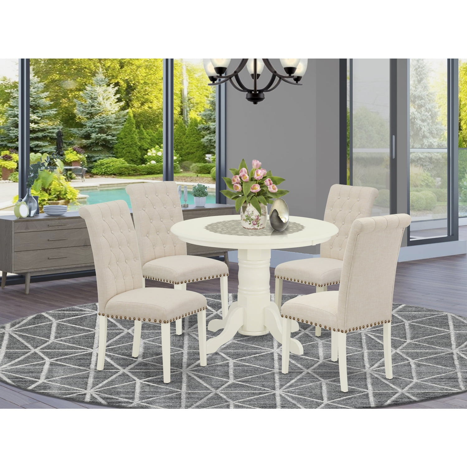 5-Piece Dining Set - Round Table4 Parsons Chairs - Light Beige Fabric, White Finish - Walmart.com