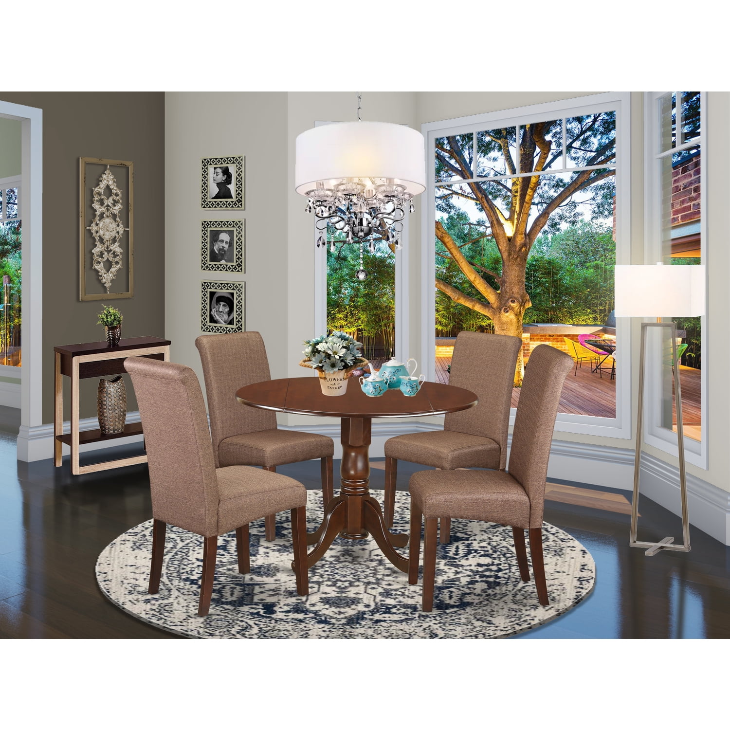 HomeStock Baroque Bliss 5Pc Small Round Table With Linen Brown Fabric ...