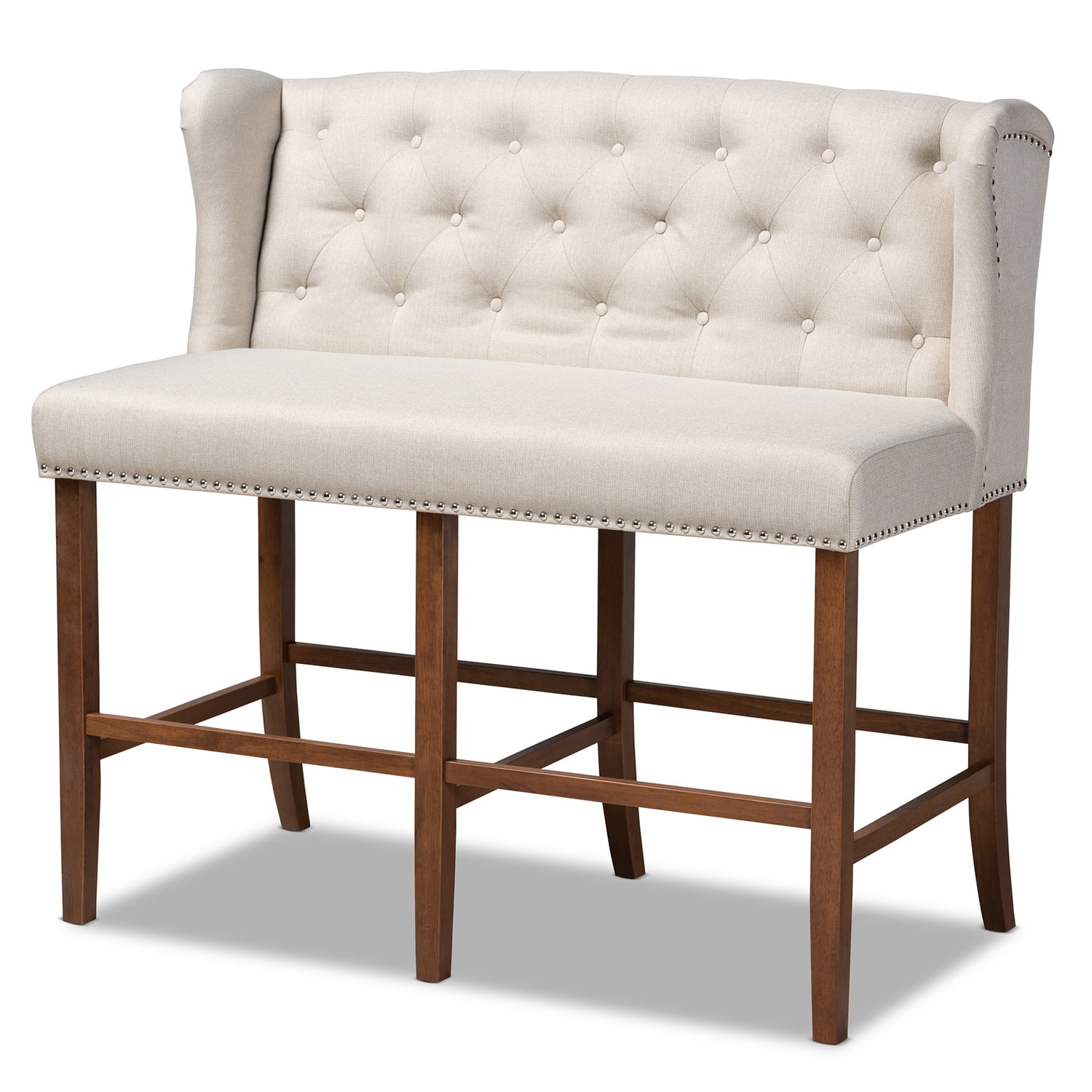 Bar Stool Bench Tufted Fabric Wood Bar Furniture Beige Home Kitchen ...
