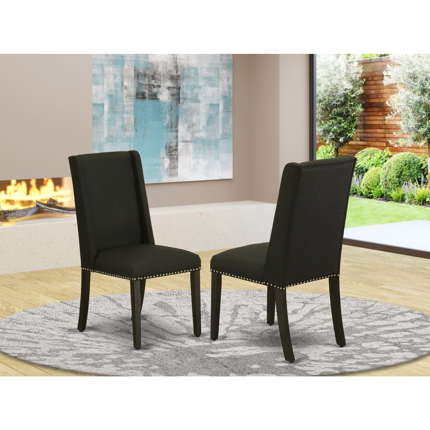 Modern Parsons Dining Chair Set of 2 - Black Linen Fabric, Wire Brushed ...
