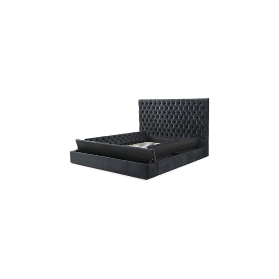 Velvet Tufted Bed with Storage & Headboard - Black Upholstered Platform ...