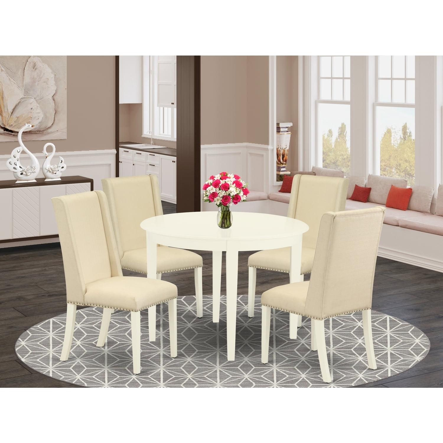 Round Kitchen Dinette Set - 5 Piece Table & Chair Set - Cream Fabric ...
