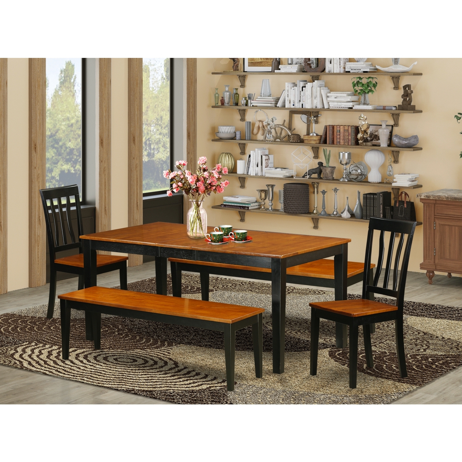 5 Piece Dinette Set - Dining Table with Leaf & 4 Chairs/Benches - Black ...