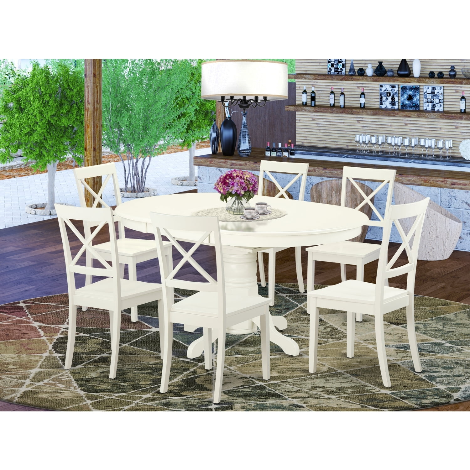 Modern 7 Piece Dining Set - Round Table & 6 Chairs - Linen White ...