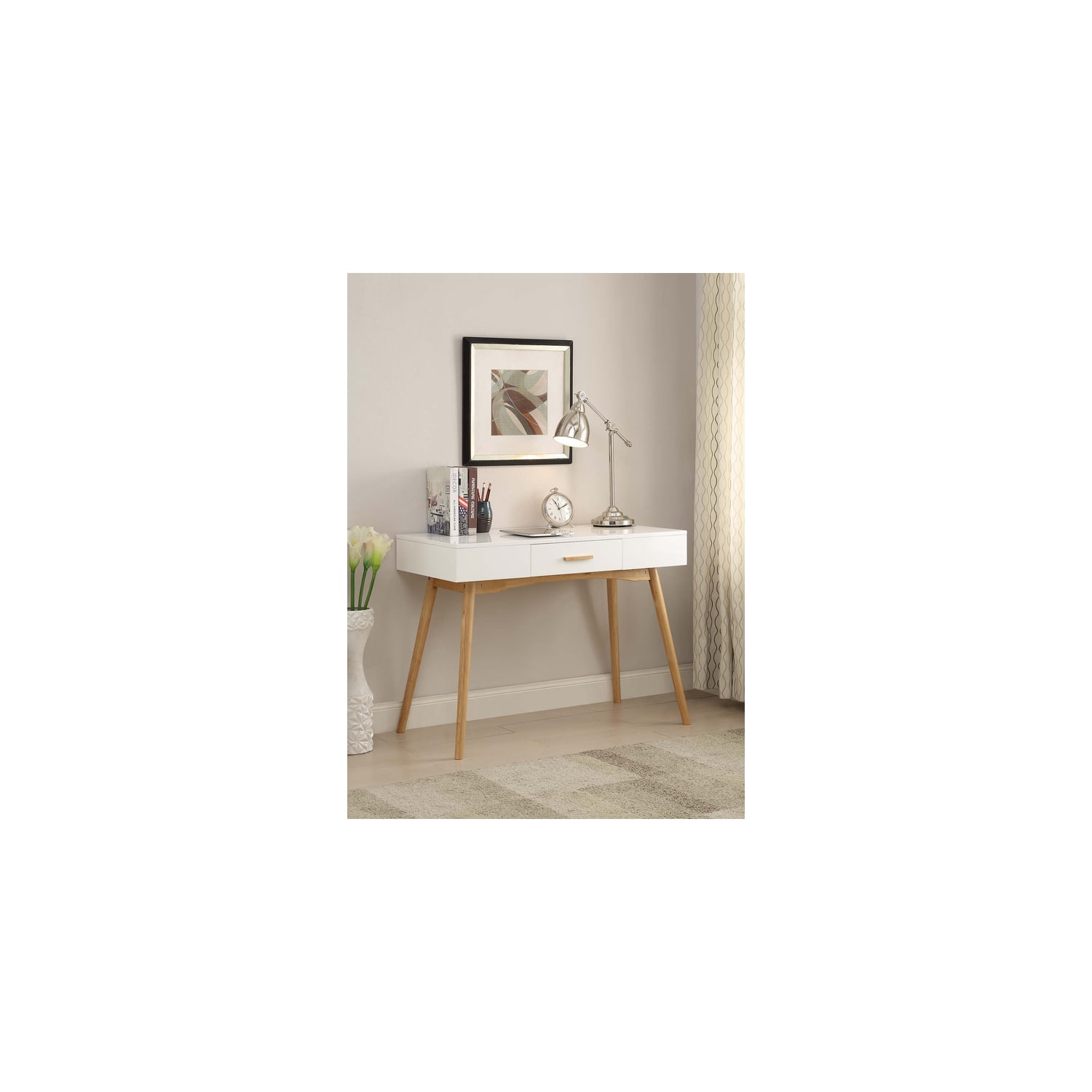 Classic 1 Drawer Desk - White & Light Oak, Solid Wood Legs, Compact ...