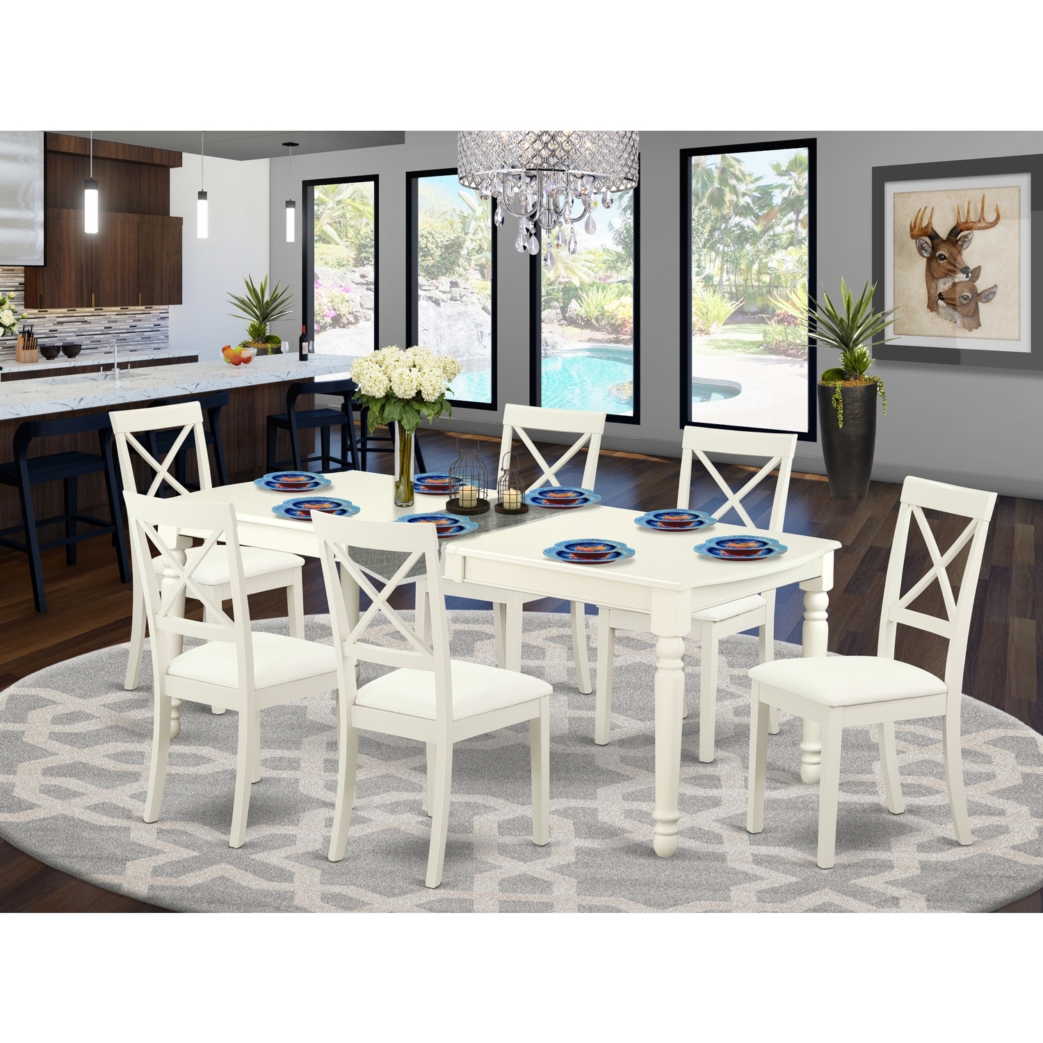 Classic 7 Pc Dining Set - Linen White Table & 6 Chairs - Kitchen Dining ...