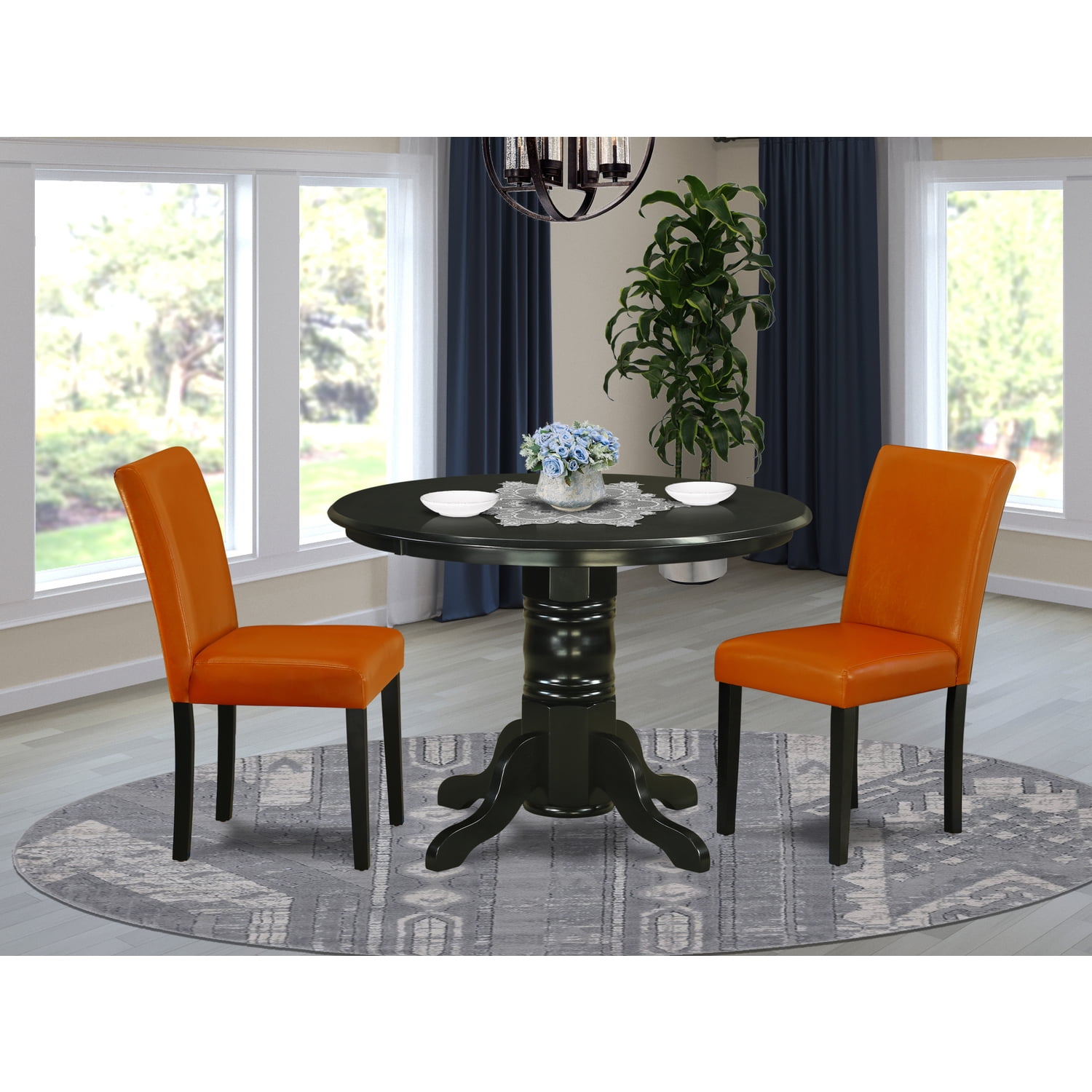 Coastal Dining Set 3Pc Round Table & 2 Chairs - 42" Table - PU Leather ...