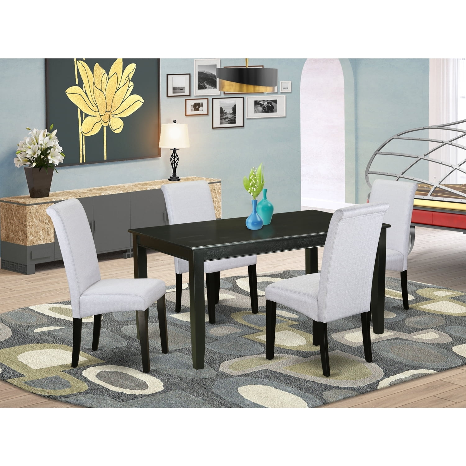 Coastal Kitchen Table Set 5 Piece - Linen Gray Fabric Parsons Chairs ...